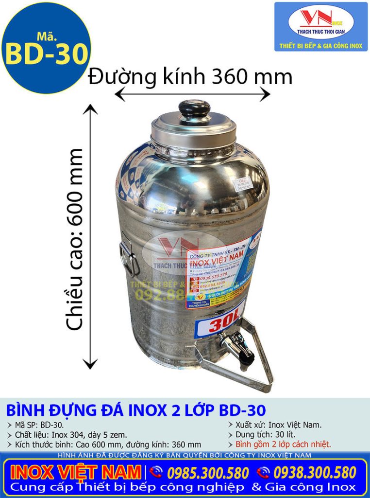 Bình Đựng Nước Đá 30L 2 Lớp Inox Giữ Nhiệt BD-30 | Inox Việt Nam